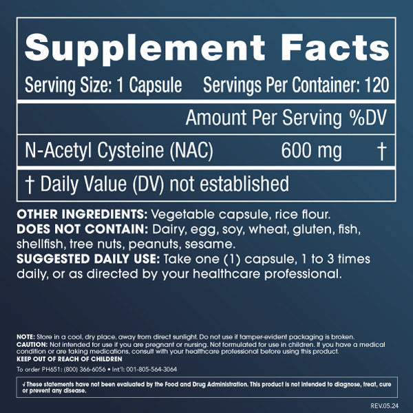 Pure N-Acetyl Cysteine - 600 mg, 120 capsules | ProHealth.com