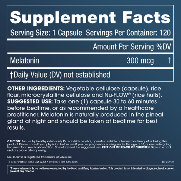 Pure Melatonin - 300 mcg, 120 capsules | ProHealth.com