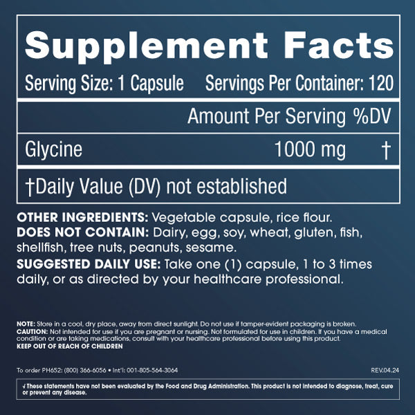 Pure Glycine - 1000 mg, 120 capsules | ProHealth.com